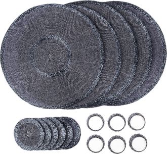 Penguin Home Platzsets, Untersetzer und Serviettenringe mit Glasperlen - Silber und Weiß - runde Tischsets - handgefertigt von erfahrenen indischen Kunsthandwerker