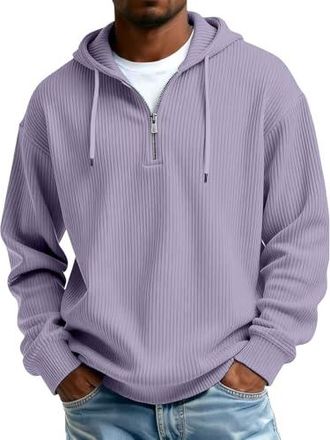 Generic Pull à capuche texturé côtelé à manches longues pour homme avec fermeture éclair 1/4 pour homme, grande et grande taille, violet, 4XL