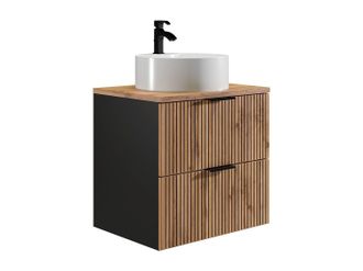 Vente-Unique Waschtischunterschrank h&auml;ngend mit geriffelter Oberfl&auml;che und rundem Aufsatzwaschbecken - Heller Naturton und Schwarz - 60 cm - MADELA