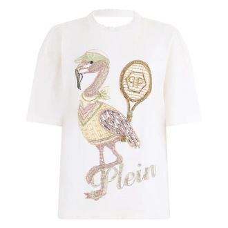 Philipp Plein Open Back Fit T-Shirt Flamingo Crystals - - Tops - Damen - Wei&szlig; - XS