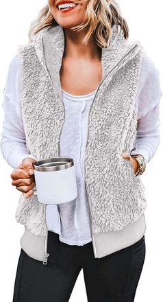 Generic Damen Weste Casual Teddy Fleece Westen mit Taschen Warm Softshell Ärmellos Herbst Mantel Leicht Jacken mit Reissverschluss