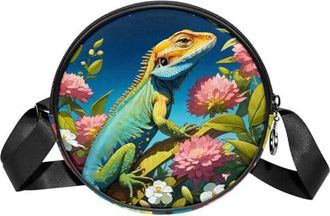 Generic Petit sac &agrave; bandouli&egrave;re circulaire pour femme, motif l&eacute;zard fleur, sac &agrave; dos &agrave; bandouli&egrave;re avec fermeture &eacute;clair, bretelles r&eacute;glables, sac &agrave; main rond