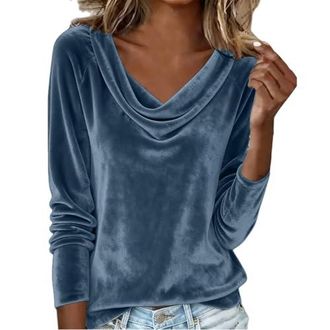 Minetom Haut &Agrave; Manches Longues en Velours pour Femmes Sexy Col B&eacute;nitier Tops T-Shirt Chemisier &Eacute;l&eacute;gant Pullover Blouse Mode D&eacute;contract&eacute; A Bleu M