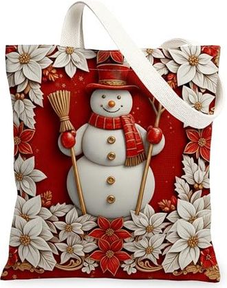 Generic Sacs fourre-tout en toile motif bonhomme de neige de No&euml;l, sacs d&eacute;picerie r&eacute;utilisables, vintage, l&eacute;gers, lavables, Rouge, 13x15 Inch