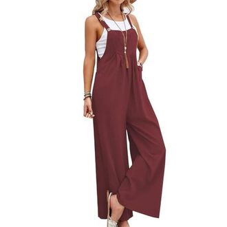 Generic Combinaison d&eacute;contract&eacute;e en lin sans manches avec bretelles r&eacute;glables et poches pour femme, Rouge, 3XL