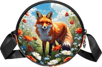 Generic Sac &agrave; bandouli&egrave;re rond pour femme, motif fleurs de renard, sac &agrave; dos avec fermeture &eacute;clair, bretelles r&eacute;glables, sac &agrave; main rond d&eacute;contract&eacute; pour femm