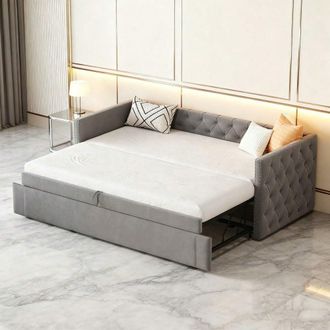 Generic Schlafsofa 90x200 cm, Polsterbett mit Knopfsteppung | Ausziehbar, Multifunktionsbett, Gästebett | Samtstoff Grau, mit Lattenrost (Dark Grey)