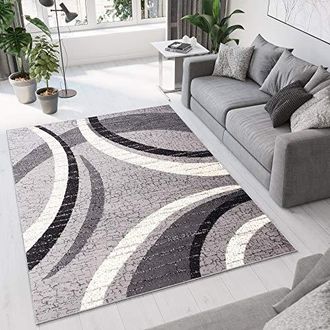 Tapiso Dream Tapis de Salon Chambre Salle &agrave; Manger Adulte Bureau Design Moderne Fin Gris Noir Cr&egrave;me Abstrait Motif Vagues Poil Court Fin Doux L&eacute;ger R&eacute;sistant