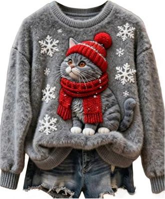 Generic Pull de Noël en flanelle pour femme - Imprimé chat mignon à paillettes - En coton - Col rond - Pull en polaire - Tunique habillée et décontractée - Po