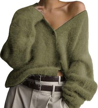 Generic Cardigan pelucheux pour femme - Pull ample et ample &agrave; boutons en fourrure - Col en V - Printemps - Manteau en fourrure douce, vert militaire, XX-Large