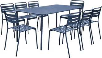 Sweeek Table de jardin m&eacute;tal + 8 assises bleu marine traitement antirouille. lattes et bords arrondis