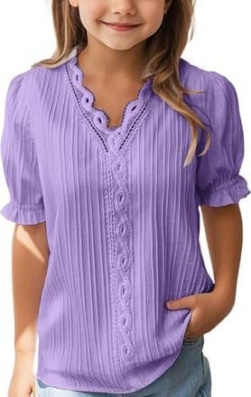 Generic Chemisier Chic Fille Manches Court - Haut Enfants Chic Et Elegant Tops Couleur Unie Chemise Col V Hauts avec Manches Shirt Respirant T-Shirt Soir&eacute;e Ch