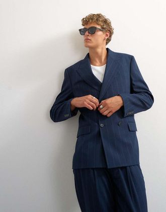 Topman locker geschnittener Blazer mit Nadelstreifen, zweireihig, in Marineblau