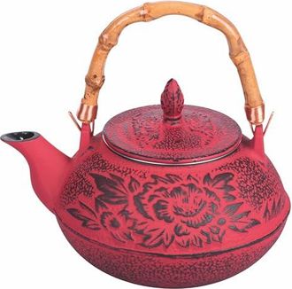 Villa D'Este Home Tivoli Teekanne 800ml aus Gusseisen Bambusgriff Sieb Edelstahl rot