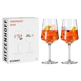 Ritzenhoff Ritzenhoff 2841018 Lot de 2 sprizz en verre apéritif 500 ml - Série Summer Rusch Deluxe n°19 + 20 - Motif ginko - Fabriqué en Allemagne, Blanc, Bleu, 