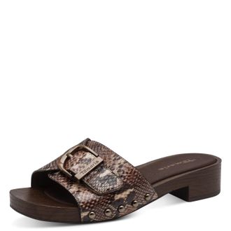 Tamaris Pantolette TAMARIS, Damen, Gr. 37, braun snake, Textil, Reptilienpr&auml;gung, Schuhe Pantolette, Blockabstz, Sommerschuh mit Klettverschluss unter der Zie
