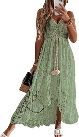 Cupshe Robe dété pour Femme Boho Maxi à Lacets avec Pompon col en V évasé à Volants Robes de Plage Vert XL