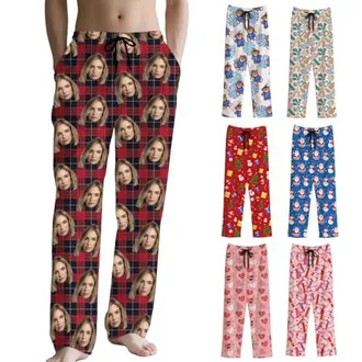 Generic Bas de Pyjama Femme Personnalis&eacute;e Avec Photo de visage Pantalon Pyjama Homme Personnalis&eacute; Avec Image pour Couples Famille Amis Cadeau Personnalisable 