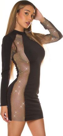 Koucla Minikleid sexy Mini Kleid Langarm mit Netz / Strass cut outs top clubwear Bling bling Glitzer Look