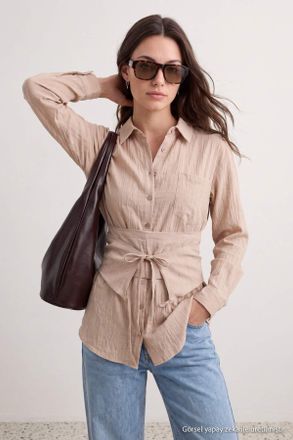 Trendyol Modest Damen Beige Gestreift Lang Oversize Modest Hemden