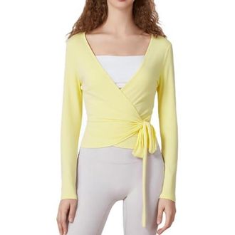 Generic Haut enveloppant &agrave; manches longues pour femme, chemise de yoga, haut de ballet &agrave; manches longues, haut de ballet &agrave; nouer pour danse, jaune, L