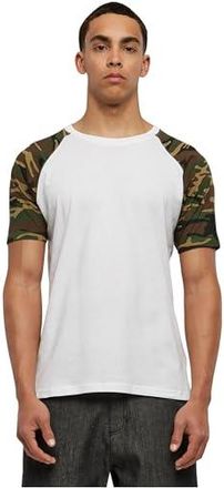 Urban Classics T-Shirt de Baseball pour Homme, t-Shirt contrasté à Manches Courtes, t-Shirt de Sport, col Rond, 100% Jersey de Coton, Tailles : S-5XL, Blanc/Woodcamo