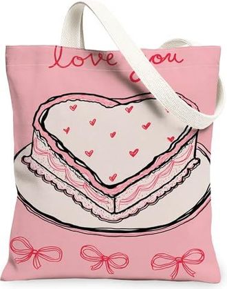 Generic Sacs fourre-tout en toile motif g&acirc;teau de coeur de Saint-Valentin, sacs d&eacute;picerie r&eacute;utilisables, l&eacute;gers et lavables avec bandouli&egrave;re, p&ecirc;che, 13x15 Inc