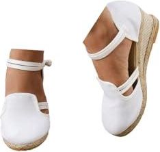 Generic Espadrilles compens&eacute;es pour femme en maille respirante &agrave; bout ferm&eacute; Chaussures dos nu Chaussures plates tendance avec sangle de cheville, E blanc., 39
