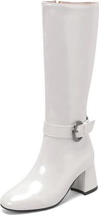 Generic Bottes déquitation pour femme à bout carré et talon bloc métallique brillant avec fermeture éclair latérale et sangle à boucle, blanc, 37.5 EU
