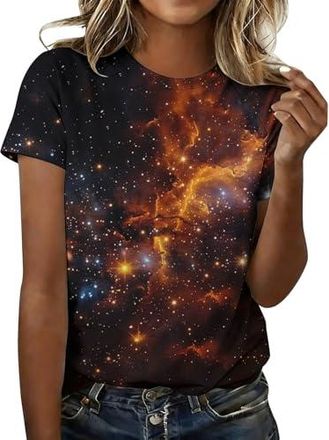 Generic T-shirt imprim&eacute; galaxie &agrave; manches courtes et col rond pour femme - T-shirt graphique doux et l&eacute;ger - Haut d&eacute;contract&eacute; pour festivals, voyages, gym, st