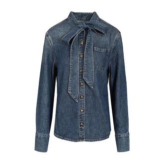 Self Portrait Lyocell-Hemdbluse mit Schleifenkragen - - Blouses & Shirts - Damen - Blau - XS