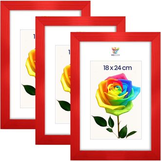 MG Design 3er Set Bilderrahmen 18 x 24 cm - Fotorahmen mit Rot Echtholzrahmen und bruchsicherem Acrylglas, Hoch & Quer zum Aufh&auml;ngen, zum Aufstellen