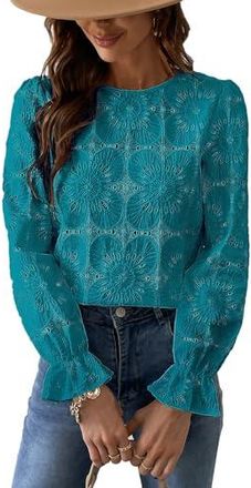 Cupshe Chemisier pour femme avec découpes florales, col rond, manches longues, poignets élastiques, chemise élégante, Bleu sarcelle foncé., XL