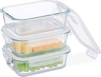 Relaxdays Glasbehälter mit Deckel, 3er Set, 1040ml, Frischhaltedosen, Kunststoffdeckel, luftdicht, Glasdose, transparent