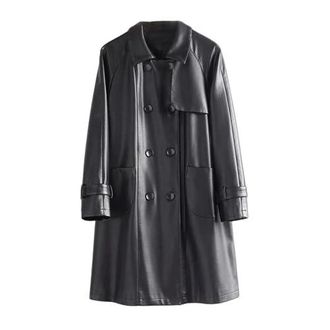 Generic Manteau Femme Noir Double Boutonnage - Automne Hiver L&acirc;che Long Cuir Trench Coat Outwear, Noir, XL
