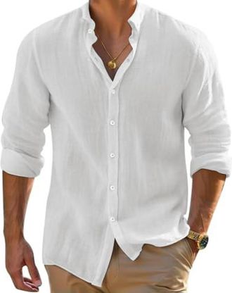 Onsoyours Chemise Lin Homme Manches Longues Chemise Décontractée Coton Business Chemises Hommes Couleur Unie Casual Bouton Shirts Regular Fit A Blanc 3XL