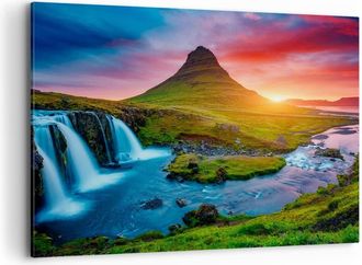Arttor Bilder auf Leinwand 100x70cm Leinwandbild Sonnenuntergang Wasserfall Island Vulkan Groß Wanddeko Bild Schlafzimmer Deko Wandbilder Dekoration Wohnzimm