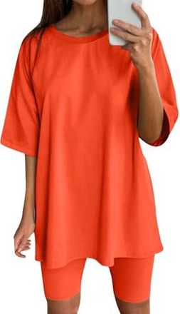 Generic Ensemble 2 pi&egrave;ces pour femme - T-shirt surdimensionn&eacute; d&eacute;contract&eacute; - Short de motard - Surv&ecirc;tement de sport - Ensemble assorti, Orange, 3XL