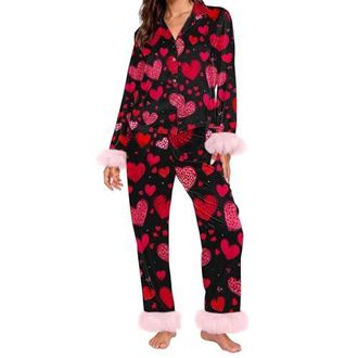Generic Ensemble de pyjama en satin pour femme - V&ecirc;tement de nuit imprim&eacute; coeur - Haut et pantalon boutonn&eacute;s - Tenue 2 pi&egrave;ces - Pyjama en soie doux et confort