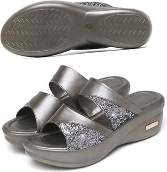 SOLUSTRE Sandales Femme &eacute;t&eacute; &Eacute;paisses Compens&eacute;es avec Semelle Plate-forme Style Fish Mouth Confort D&eacute;contract&eacute; Ext&eacute;rieur Chaussures Maman Gris