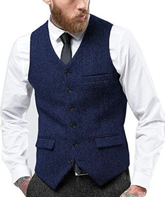 Solovedress Gilet Costume Homme Vintage Sans Manche Mariage Tweed Col V Chevrons(Bleu royal, XXL)