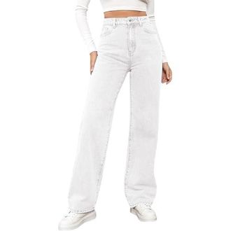 Generic Jean large d&eacute;contract&eacute; taille haute extensible &agrave; jambe droite avec poches pour voyage quotidien, blanc, XXL