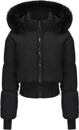 Generic Doudoune courte dhiver pour femme avec capuche en fausse fourrure et col montant avec fermeture éclair et poches, Noir, XXL