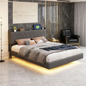 Generic Modernes Polsterdoppelbett 140x200 cm - Funktional & Gemütlich | Mit USB-Ladestation & farbwechselnder LED-Beleuchtung | Grauer Leinenstoff mit Latten