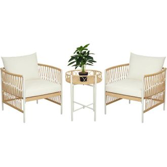 OUTSUNNY 3er Set Rattan Gartenm&ouml;bel-Set, Gartengarnitur mit 2 Gartenst&uuml;hle, Couchtisch, Balkonm&ouml;bel-Set mit Kissen, f&uuml;r Balkon, Terrasse, Gelb+Creme - Outsunny