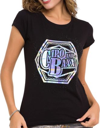 Cipo & Baxx Damen Freizeitshirt T-Shirt Print Kurzarm Rundhals WT342 Schwarz XL