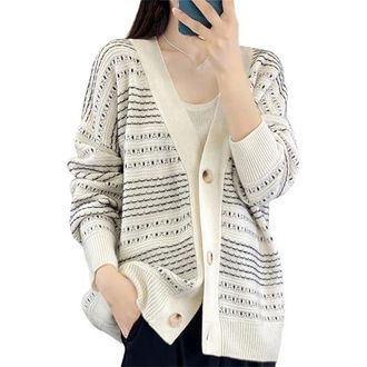 Generic Cardigan ouvert &agrave; manches longues pour femme 100 % laine &agrave; rayures et col en V, Blanc, XS