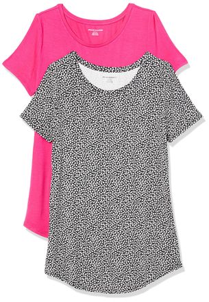 Amazon Essentials Damen Tunika mit U-Ausschnitt und Kurzen Ärmeln, 2er-Pack, Kräftiges Rosa/Schwarz Tulpen, XXL
