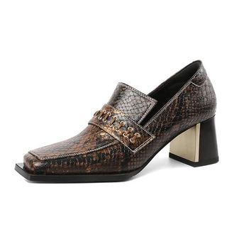 EDEFS Escarpins Mocassins Femme &agrave; Talon Bloc 6,5 cm Chaussures Slip on &agrave; Bout Carr&eacute; pour Bureau et Travail Marron Serpent EU35