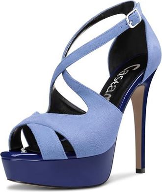 Castamere Femmes Ouvert Bout Aiguille Haut High Plate-forme Talon Heel Lanières Cheville Sandales Boucle Décontracté Chaussures 13 CM Heels Bleu 41 EU